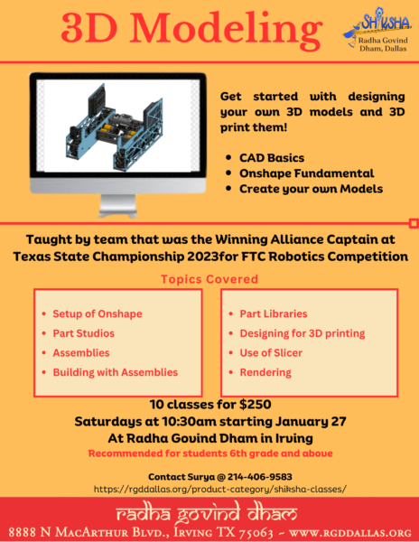3D Modeling – Classes starting January 27th – Radha Govind Dham Dallas